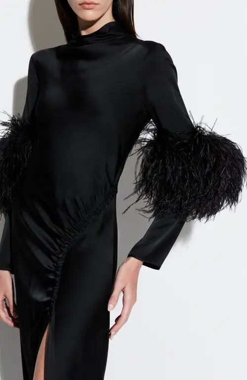 Lapointe Satin Tab Gown With Feathered Sleeves