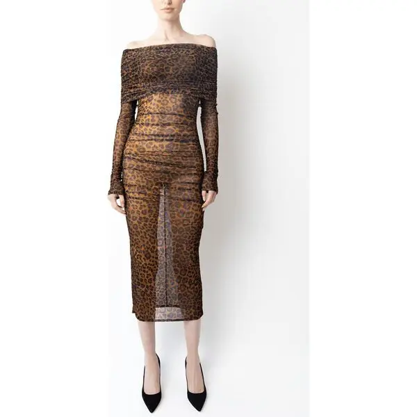 Lapointe Printed Mesh Off Shoulder Midi Dress - Leopard