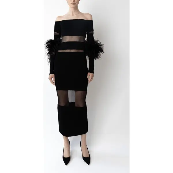 Lapointe Matte Viscose Intarsia Dress With Feathers - Black