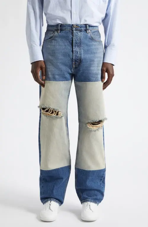 MAISON MARGIELA Ripped Patched Panel Straight Leg Jeans - Medium Blue