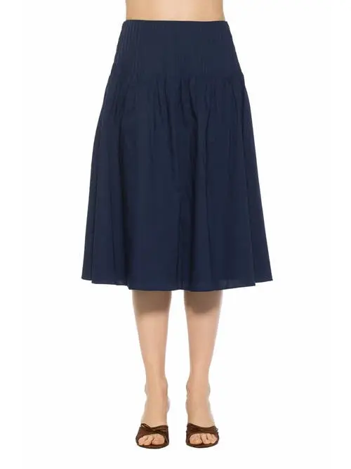 ALEXIA ADMOR Esme Pintuck Waist Full Poplin Midi Skirt - Navy