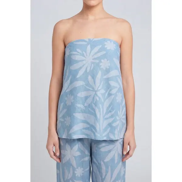 NUAJE NUAJE Rhea Strapless Printed Linen Top - Blue
