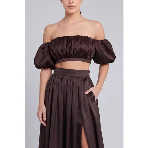 NUAJE NUAJE Isabelle Off-shoulder Puff Sleeve Crop Top - Brown