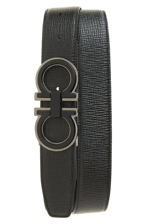 FERRAGAMO Double Gancio Saffiano Leather Belt - Nero Midnight