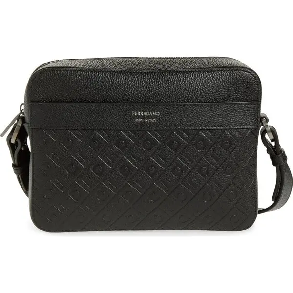 FERRAGAMO Embossed Gancini Shoulder Bag - Nero