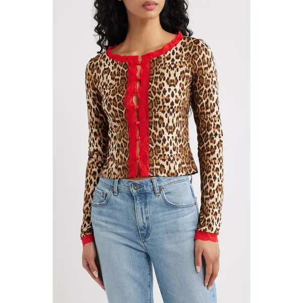 Princess Polly Print Lace Trim Button-up Top - Leopard