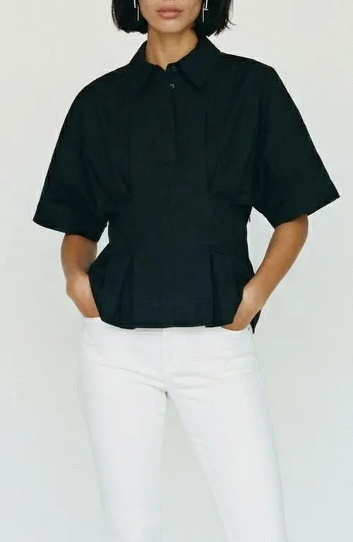 Vero Moda Pleated Button Half Placket Peplum Hem Shirt - Black