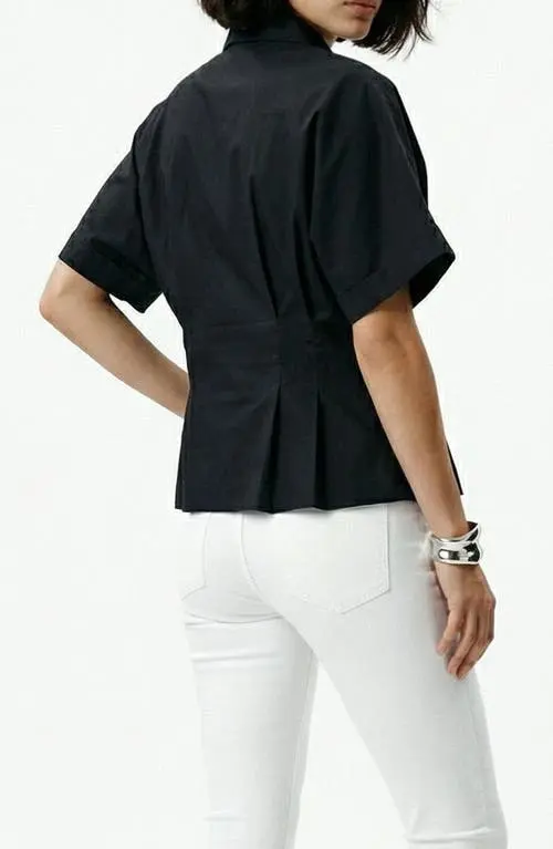 Vero Moda Pleated Button Half Placket Peplum Hem Shirt - Black