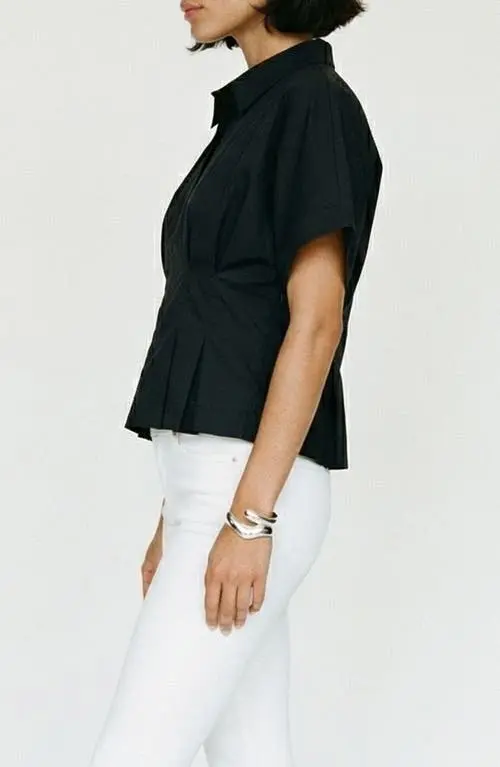 Vero Moda Pleated Button Half Placket Peplum Hem Shirt - Black