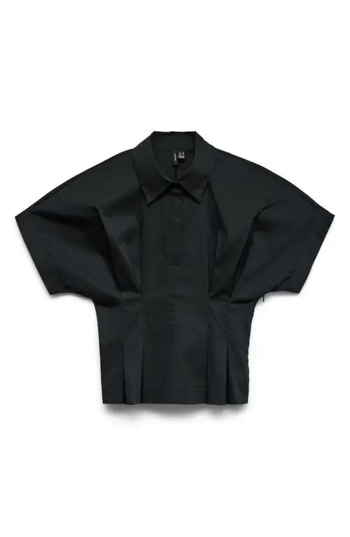 Vero Moda Pleated Button Half Placket Peplum Hem Shirt - Black