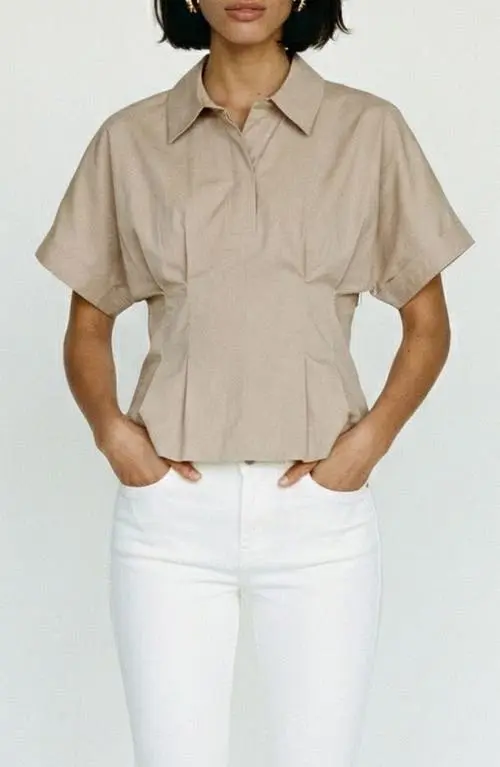 Vero Moda Pleated Button Half Placket Peplum Hem Shirt - Cement
