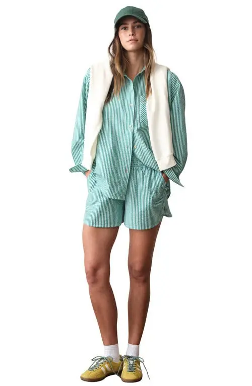 Marine Layer Gracey Stripe Cotton & Kapok Seersucker Oversized Button-up Shirt - Slushy Stripe