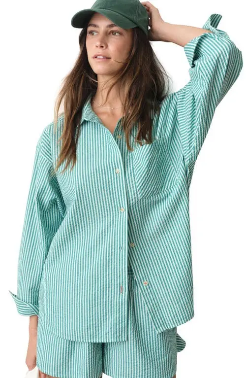 Marine Layer Gracey Stripe Cotton & Kapok Seersucker Oversized Button-up Shirt - Slushy Stripe