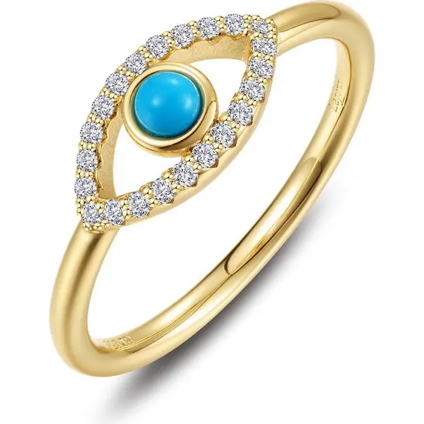 Lafonn Evil Eye Reconstituted And Simulated Diamond Ring In Sterling Silver With Goldtone Plate - Turquoise