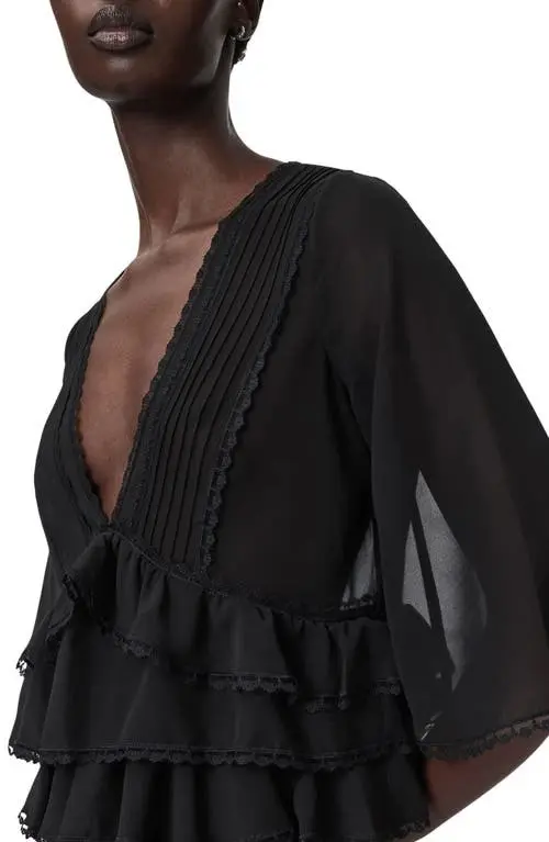ALLSAINTS Plunge Neck Tiered Ruffle Lace Trim Top