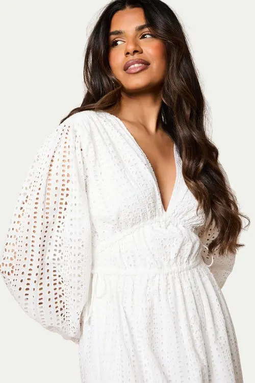 OASIS Petite Broderie Puff Sleeve Midi Dress
