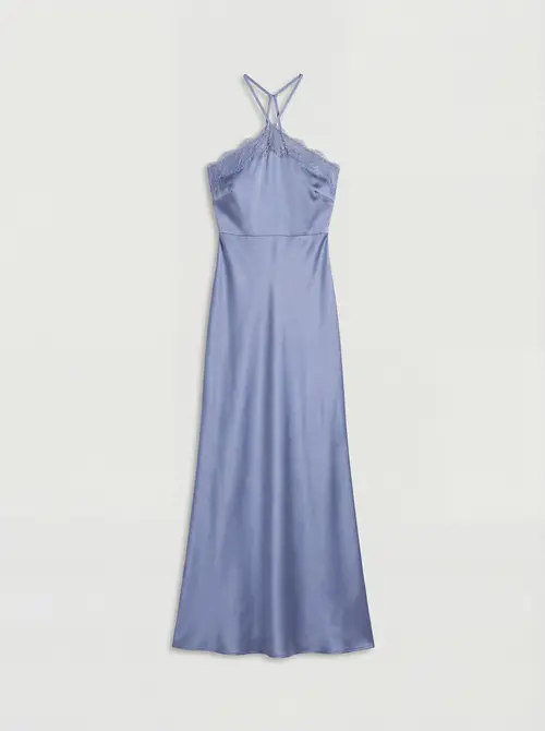 OASIS Halterneck Satin Maxi Dress With Lace Trim