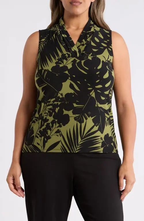 Anne Klein Sleeveless Floral Print Top With Shawl Collar - Bay Leaf Multi