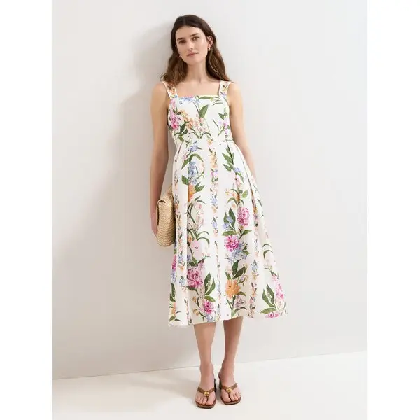PHASE EIGHT Lucia Linen Blend Square Neck Midi Dress With Floral Print - Multi