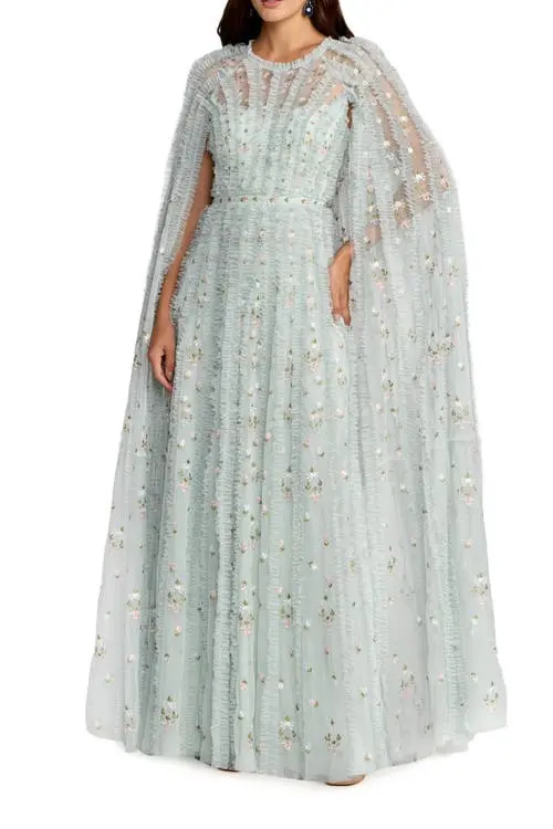 Mac Duggal Embroidered Cape Sleeve Ruffle Detail Tulle Gown - Seafoam Multi