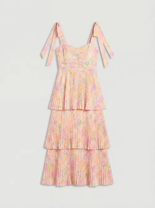 OASIS Pleated Tie Shoulder Midi Dress - Multi
