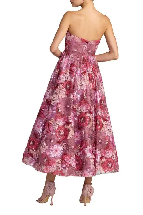 Mac Duggal Strapless Sequin Floral Midi Dress With Pockets
