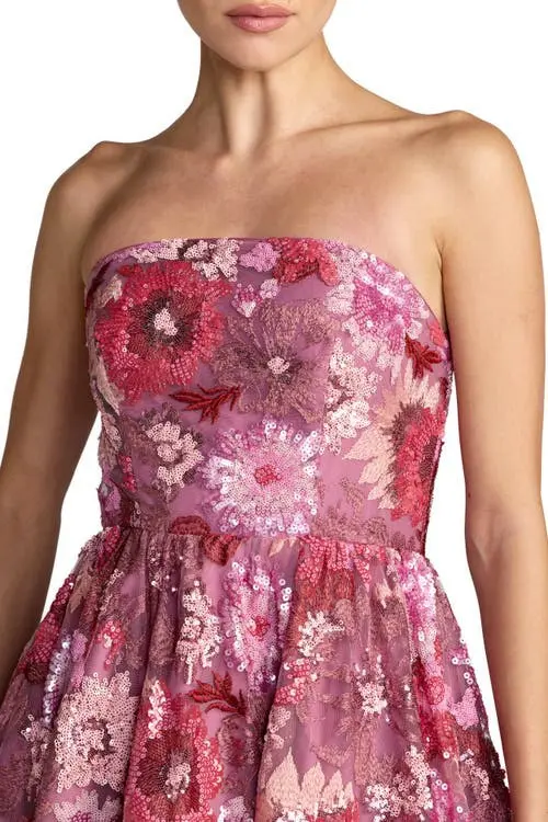 Mac Duggal Strapless Sequin Floral Midi Dress With Pockets