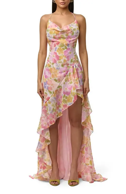 Naked Wardrobe Floral Chiffon Halter High-low Dress - Blush Bloom