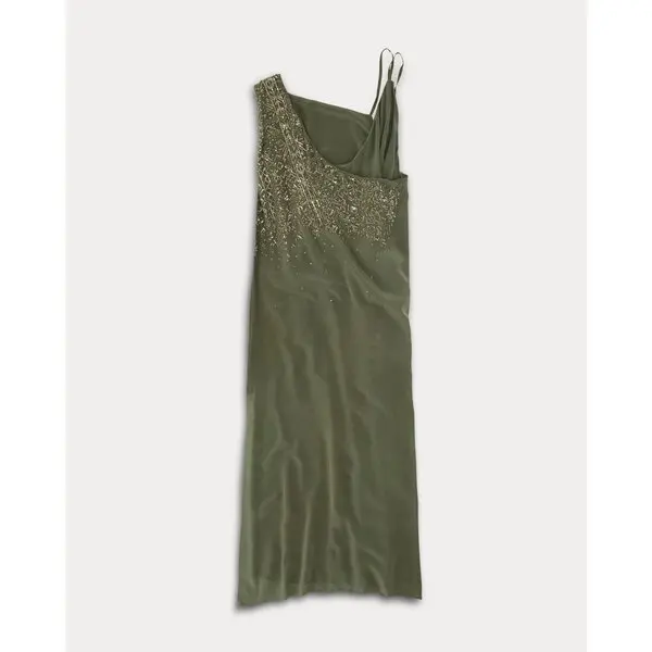 FORTELA Silk Crepe Dress With Golden Bead Embroidery - Green