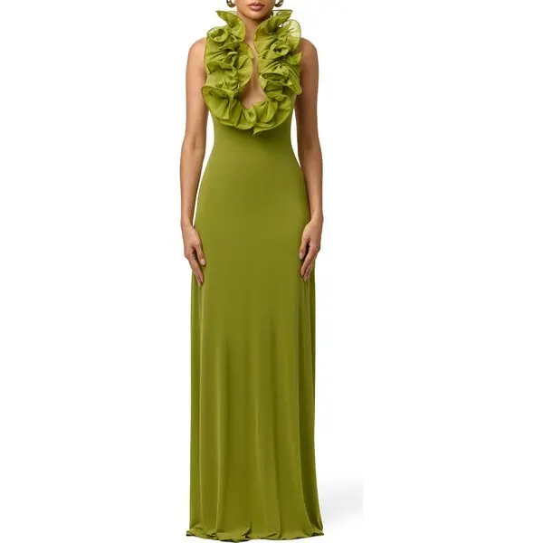 Naked Wardrobe Ruffle Plunge Halter Maxi Dress - Mojito