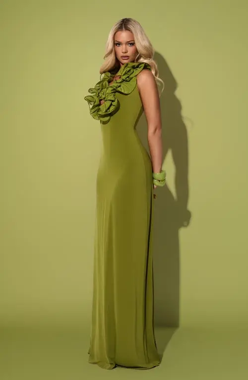 Naked Wardrobe Ruffled Plunge Halter Maxi Dress