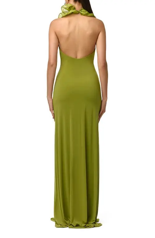 Naked Wardrobe Ruffled Plunge Halter Maxi Dress