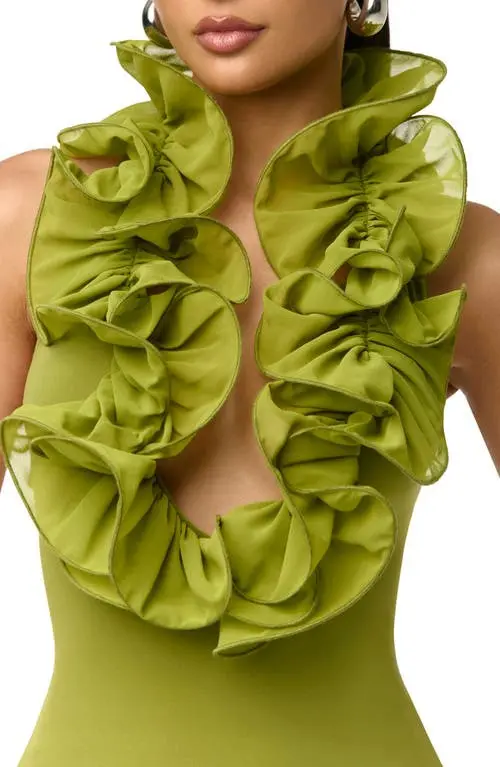Naked Wardrobe Ruffled Plunge Halter Maxi Dress