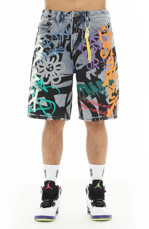 CULT OF INDIVIDUALITY Grunge Distressed Denim Shorts - Graffiti