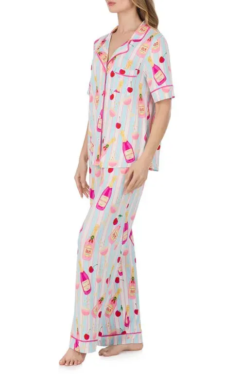 ROOM SERVICE Print Long Pajamas - Blue Stripe