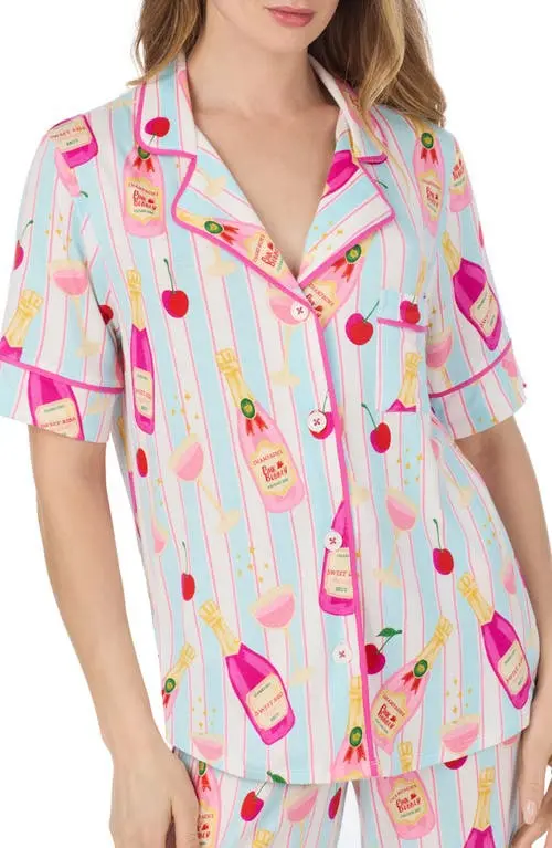 ROOM SERVICE Print Long Pajamas - Blue Stripe