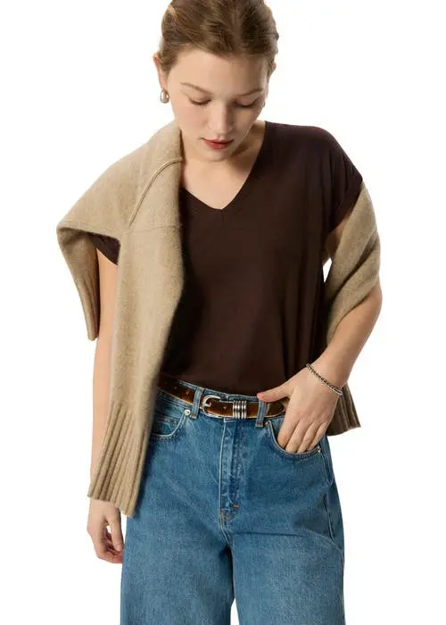 Whistles Willa V-neck Cap Sleeve Top - Chocolate