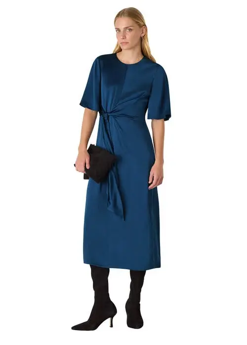 Whistles Satin Knot Waist Midi Dress - Blue