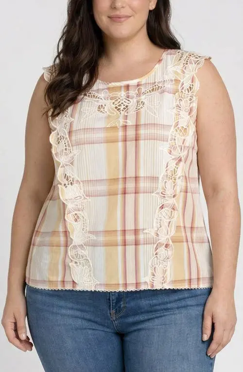 LIVERPOOL Embroidered Plaid Top - Gold Mauve Mlt