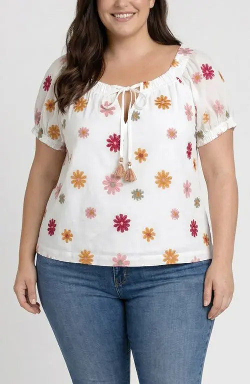 LIVERPOOL Embroidered Tie Neck Top - White Mlt Flwr