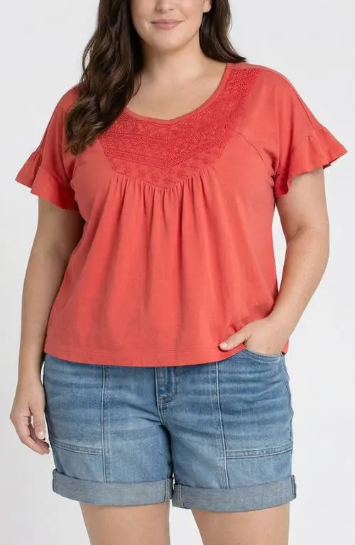 LIVERPOOL Flutter Sleeve Top - Red Clay