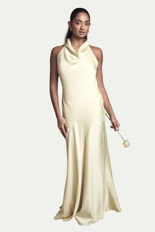 OASIS Cowl Halterneck Satin Bridesmaid Dress - Lemon