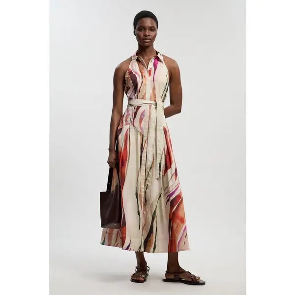 Karen Millen Marble Print Halter Midi Shirt Dress - Multi