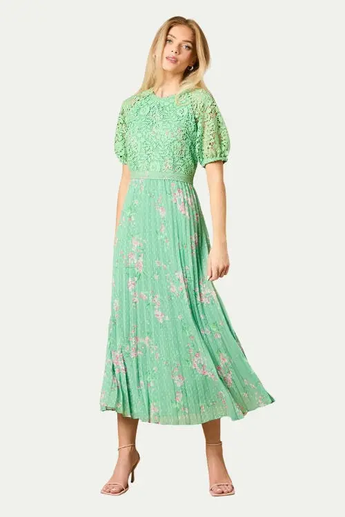 OASIS Floral Lace Bodice Pleated Midi Dress - Sage