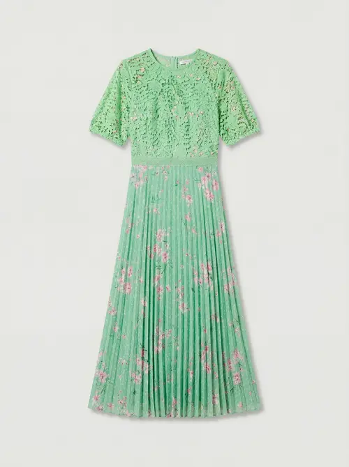 OASIS Floral Lace Bodice Pleated Midi Dress