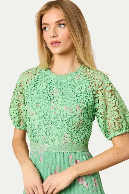 OASIS Floral Lace Bodice Pleated Midi Dress