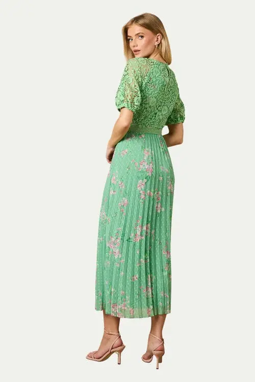 OASIS Floral Lace Bodice Pleated Midi Dress
