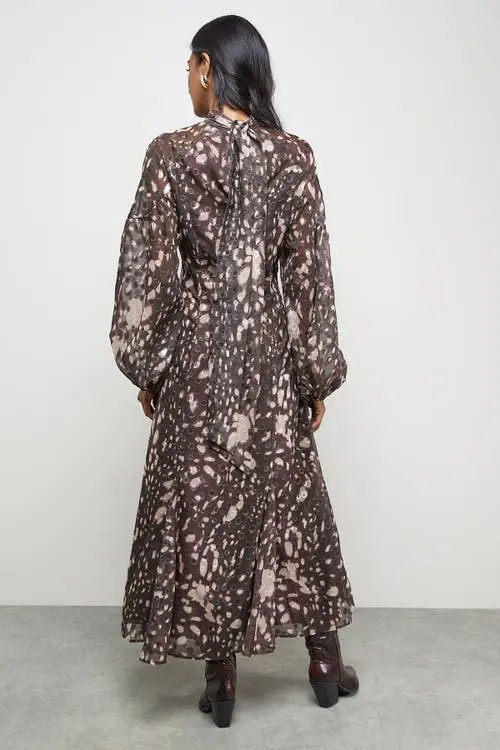 WAREHOUSE Paisley Burnout Midi Dress With High Neck And Balloon Sleeves