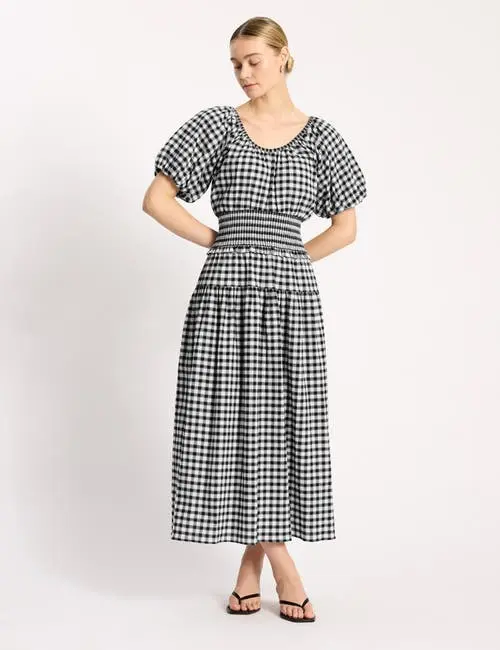ALBARAY Gingham Blouson Sleeve Midi Dress - Black