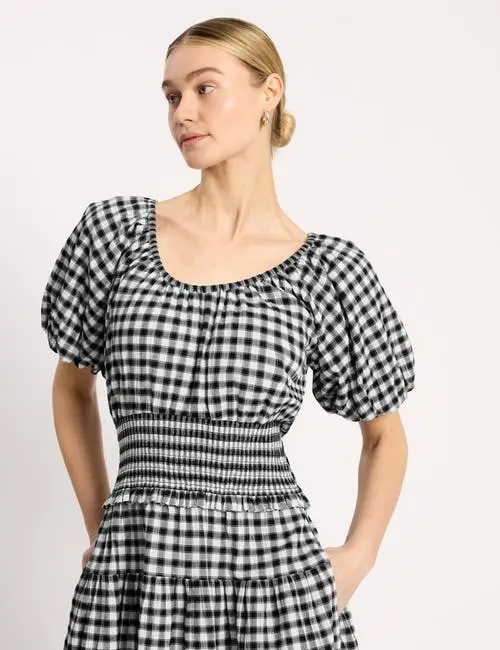 ALBARAY Gingham Blouson Sleeve Midi Dress